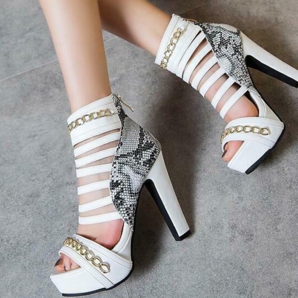 Boutique | Shoes | White Chain Snake Print High Heels Sandals | Poshmark